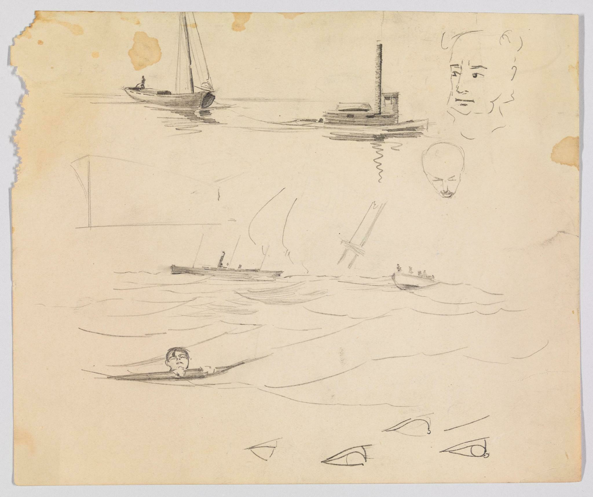 Edward Hopper | (Sketches of Boats at Sea, Boy Floating in Water, Heads ...
